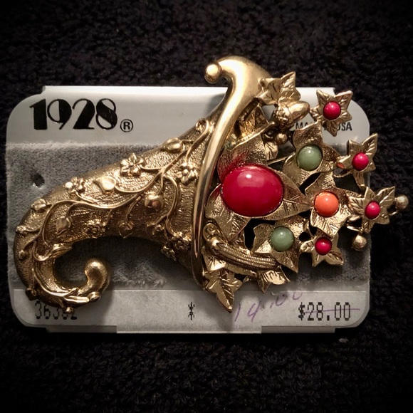 1928 | Jewelry | Vintage 928 Red Orange Green Gold Tone Leaf Cornucopia ...
